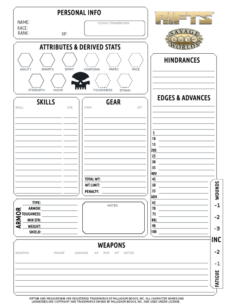 Savage RIFTS Character Sheet PrinterFriendly | PDF | Role Playing Games | Gaming
