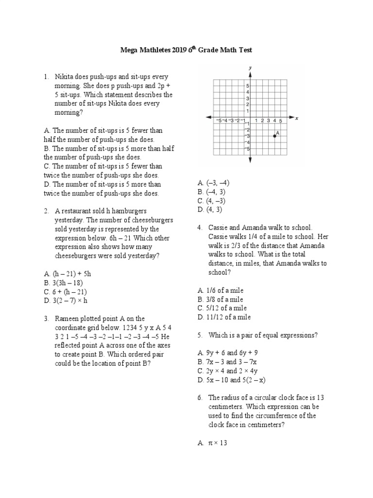 Mega Mathletes 2019 6th Grade Math Test | PDF | Teaching Mathematics ...