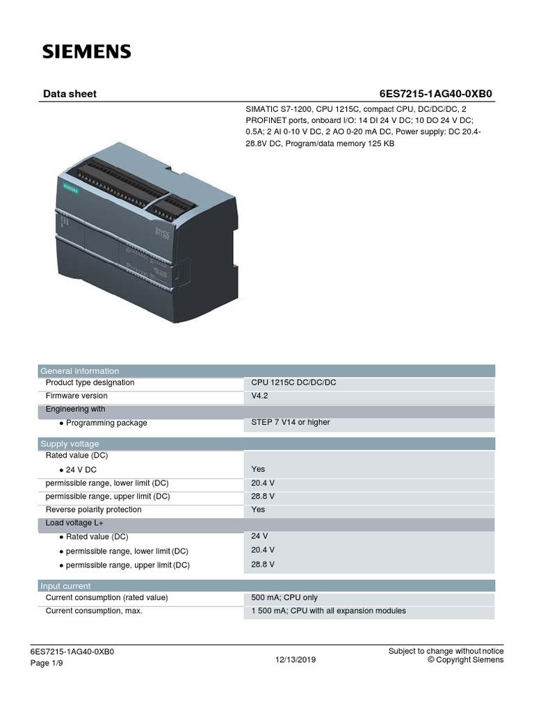 6ES72151AG400XB0 Datasheet en | PDF | Input/Output | Random Access Memory