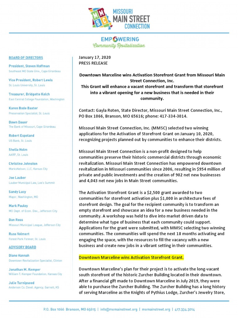 Downtown Marceline Wins Activation Storefront Grant | PDF ...
