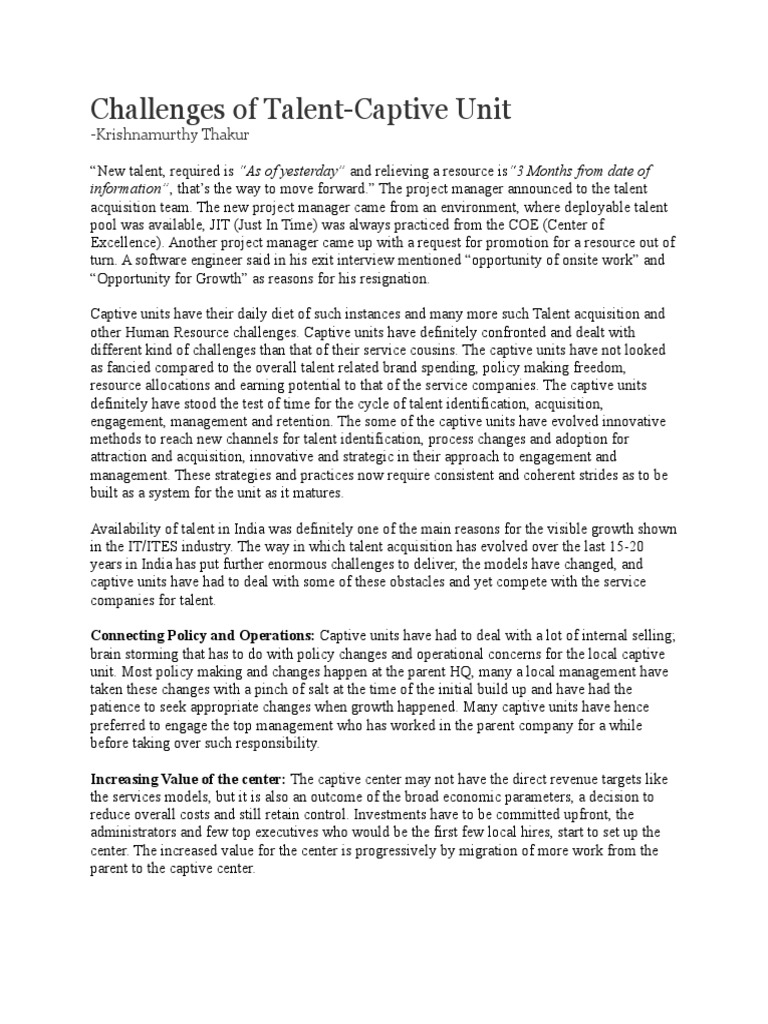 Challenges of Talent-Captive Unit | PDF | Economies | Business