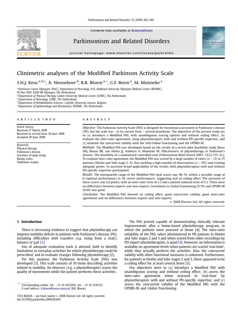 Clinimetric Analyses of The Modified Parkinson Activity Scale PDF ...