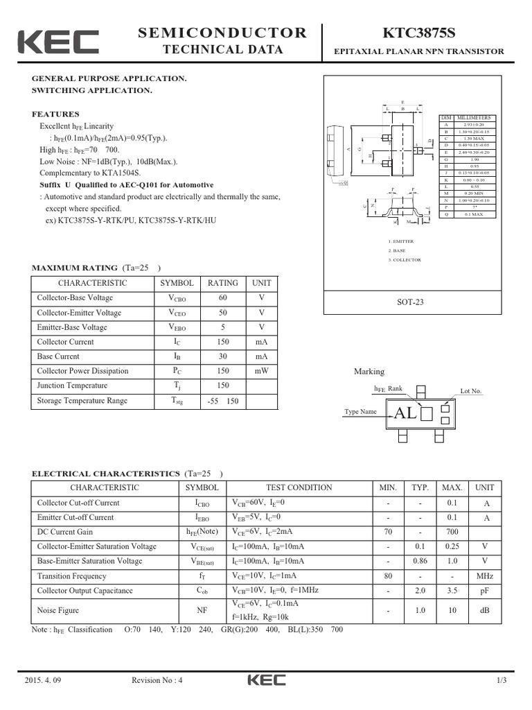 KEC Semicon KTC3875S Y RTK P - C69744 | PDF | Bipolar Junction Transistor | Electricity