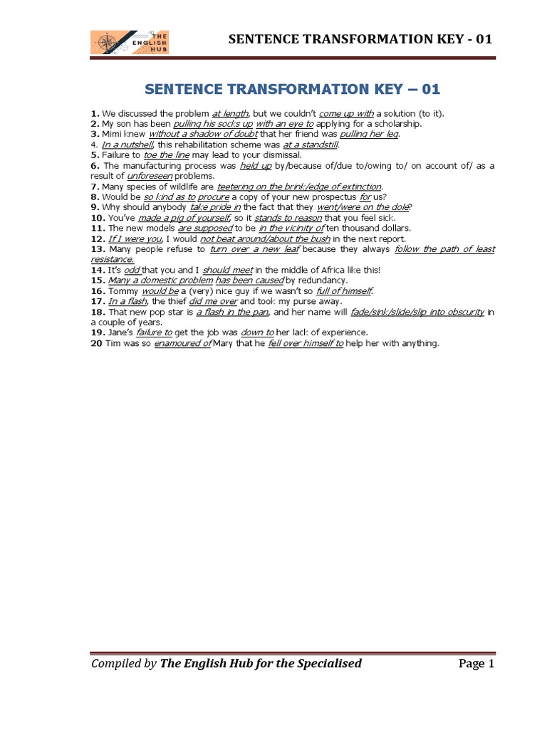 Sentence Transformation Key - 01 | PDF