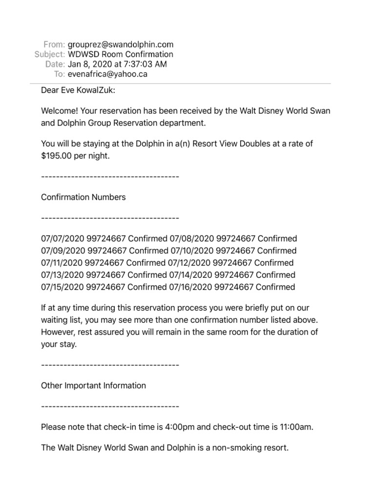 WDWSD Room Confirmation PDF | PDF | Business