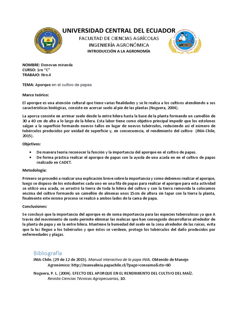Aporcar Papas Informe | PDF | Patata | Agronomía