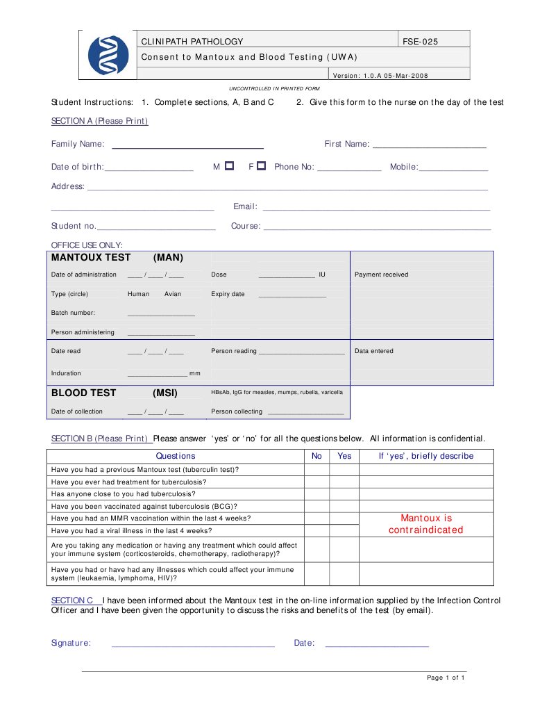 Mantoux Test Consent Form UWA | PDF | Medical Humanities | Vaccination