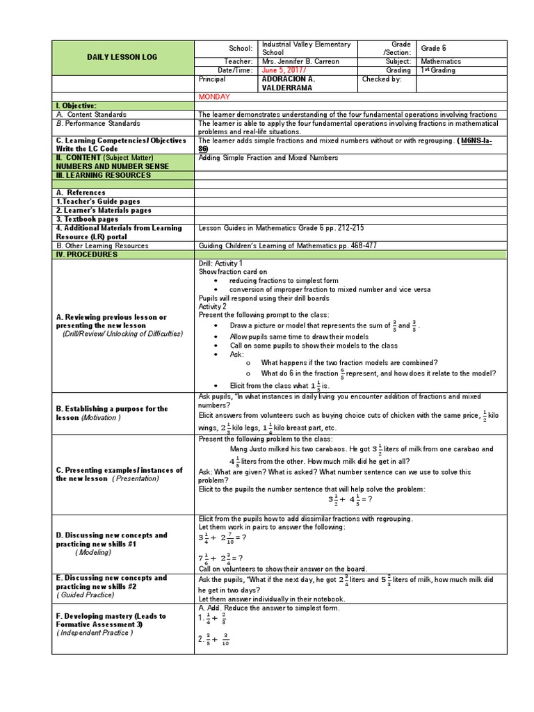 DLL Math6-Q1-W1-Day1 | PDF | Fraction (Mathematics) | Cognition