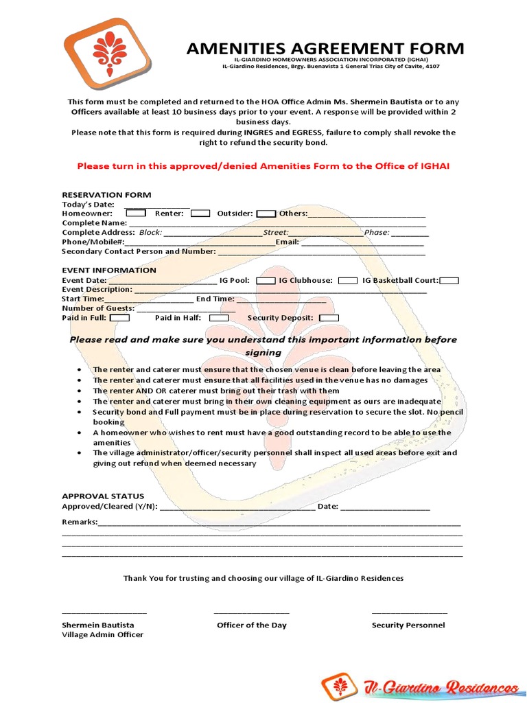 Amenities Agreement Form | PDF | Government | Business