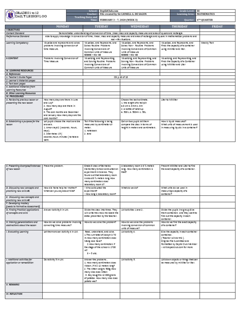DLL - Mathematics 3 - Q4 - W3 | Download Free PDF | Lesson Plan | Learning
