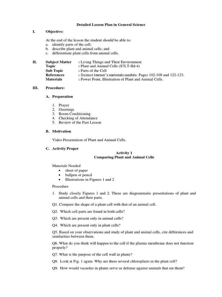 Lesson Plan Plant and Animal Cell | Download Free PDF | Endoplasmic ...