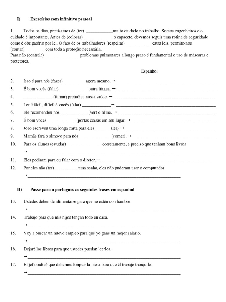 INFINITIVO PESSOAL Exercícios | PDF