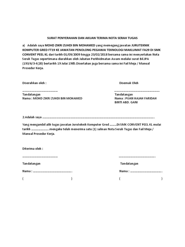 SURAT PENYERAHAN DAN AKUAN TERIMA NOTA SERAH TUGAS - Docxzikri | PDF