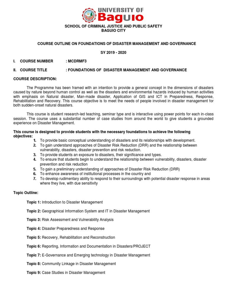 Course Outline On Foundations of Disaster Management and Governance ...