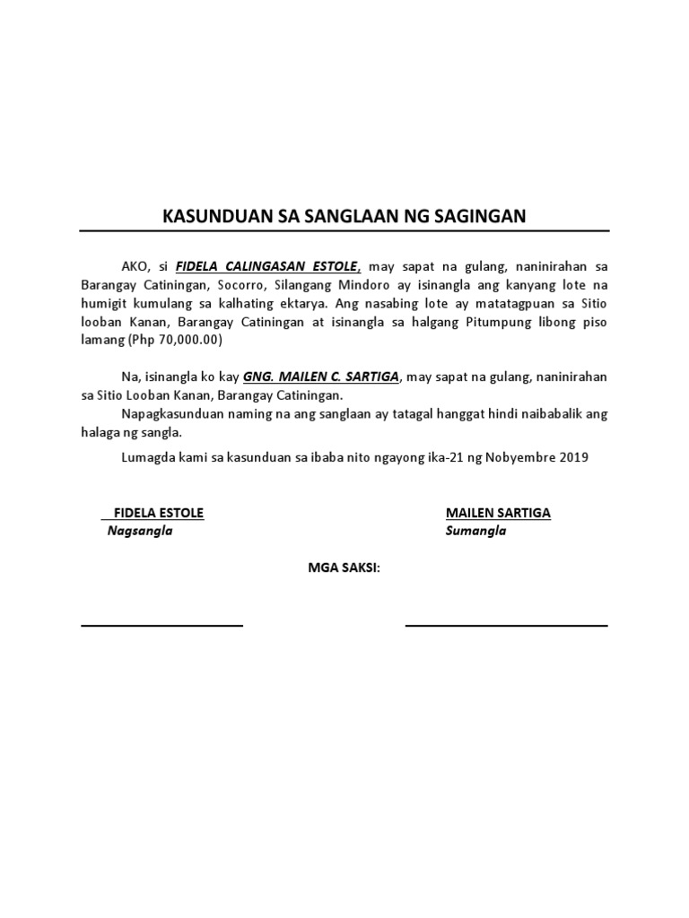 Kasunduan Sa Sanglaan NG Sagingan | PDF