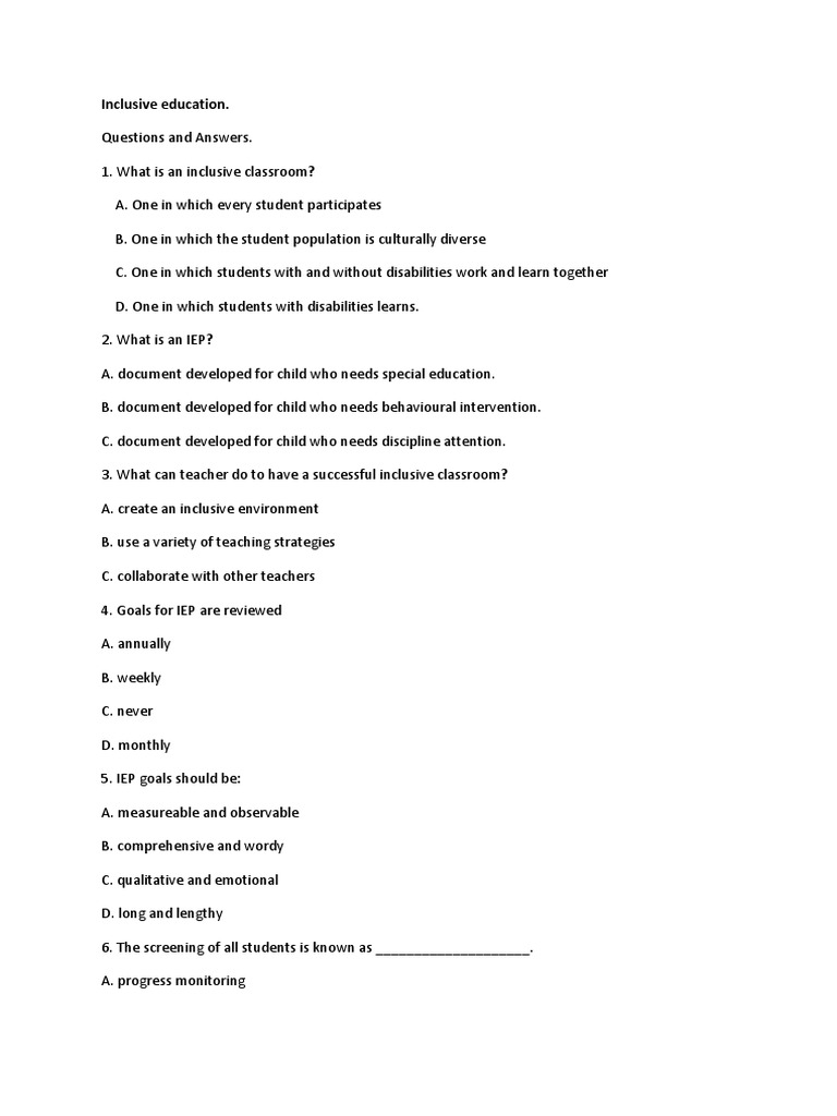 Inclusive Education Quiz | PDF