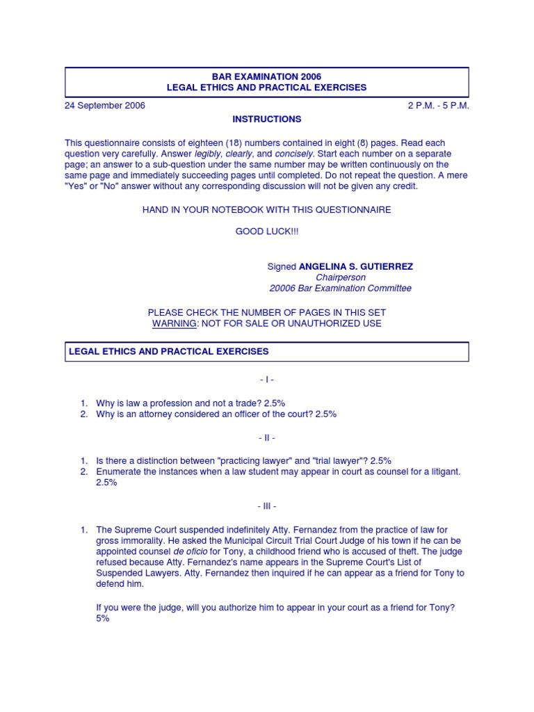 BAR EXAMINATION QUESTIONS, 2006-2019 (LEGAL ETHICS) | Lawyer | Lawsuit