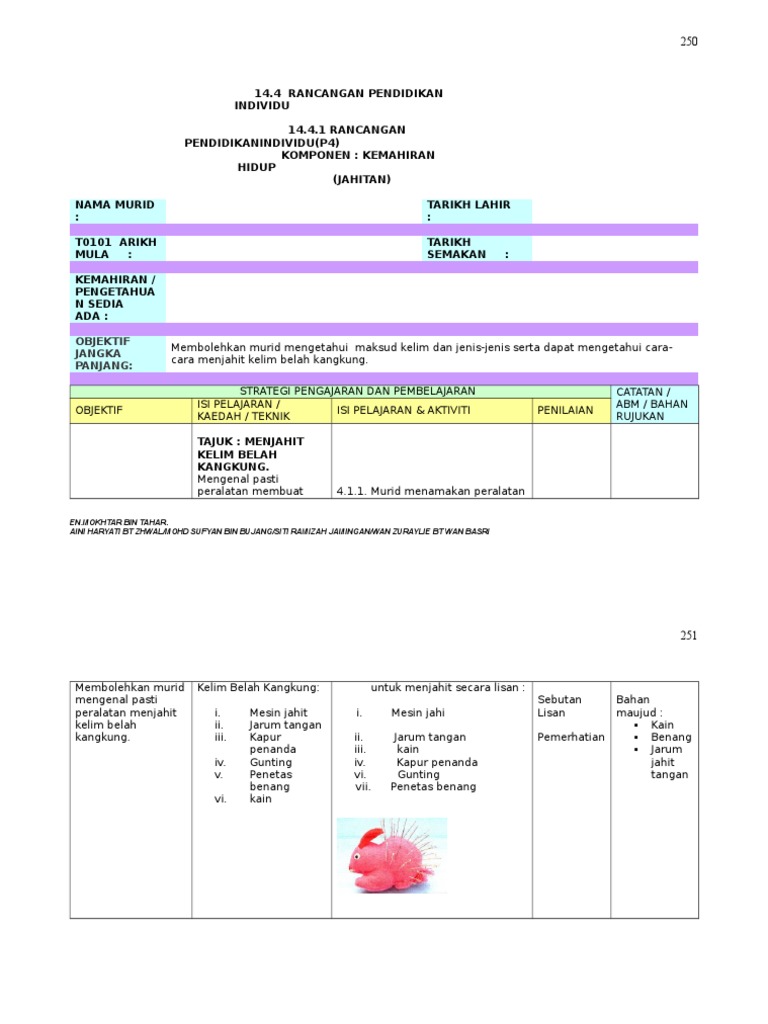 Rancangan Pengajaran Individu Asas Jahitan | PDF