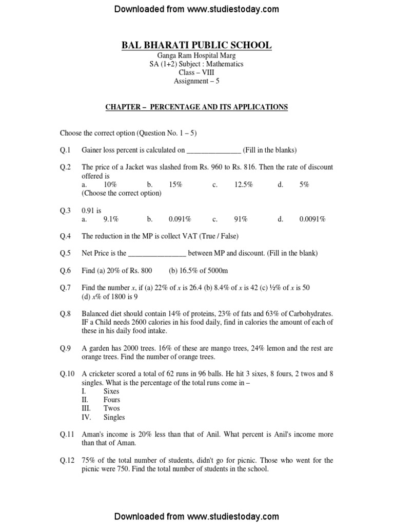CBSE Class 8 Mathematics Practice Worksheet | PDF | Percentage | Prices