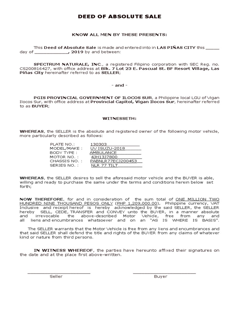 Deed of Sale Format | PDF | Common Law | Civil Law (Common Law)