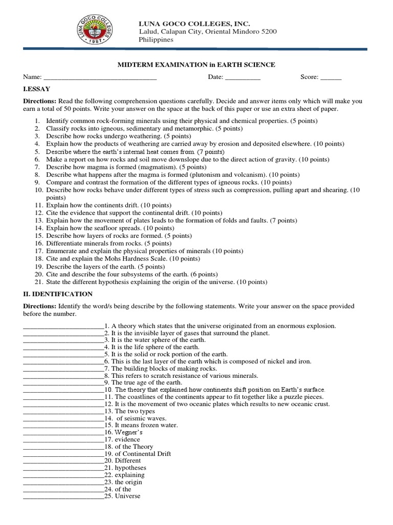 Grade 11 Earth Science Midterm Exam | PDF | Rock (Geology) | Plate ...