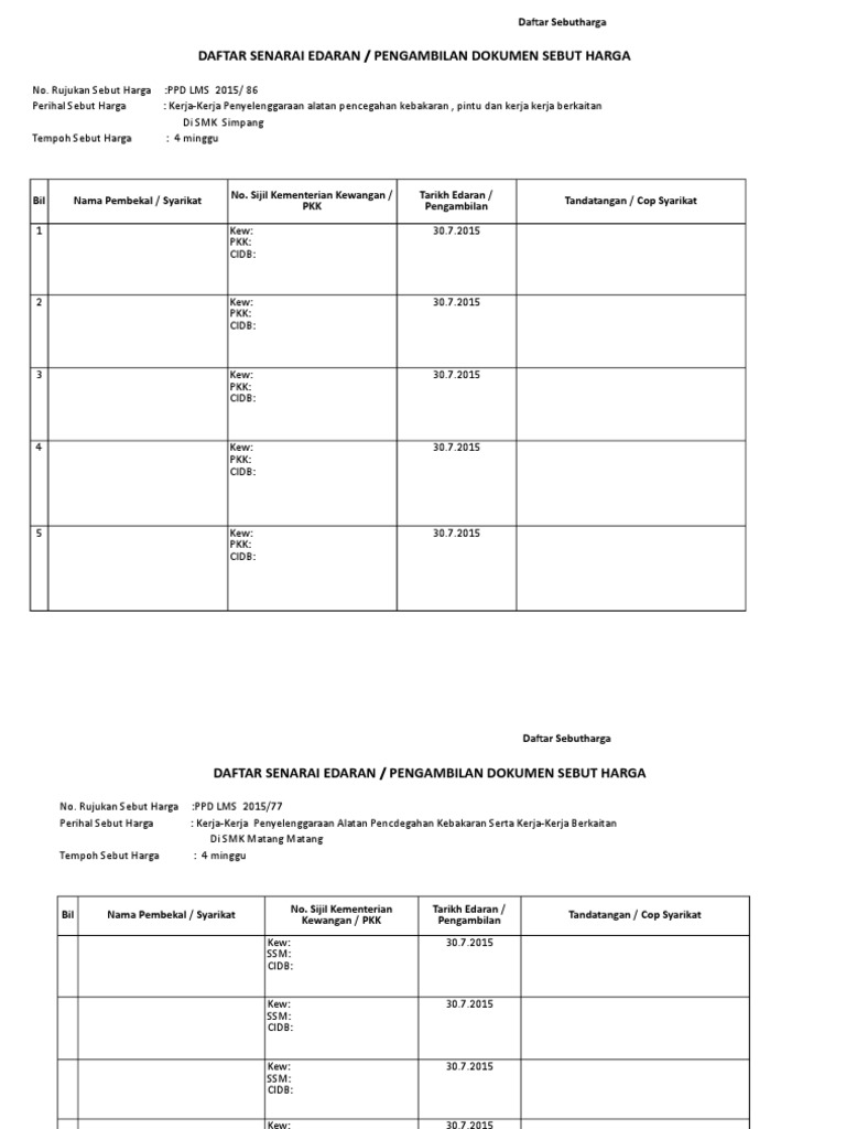 Daftar Sebutharga | PDF