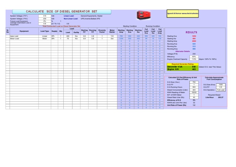 Diesel Generator Sizing and Efficiency Calculation | PDF | Machines ...