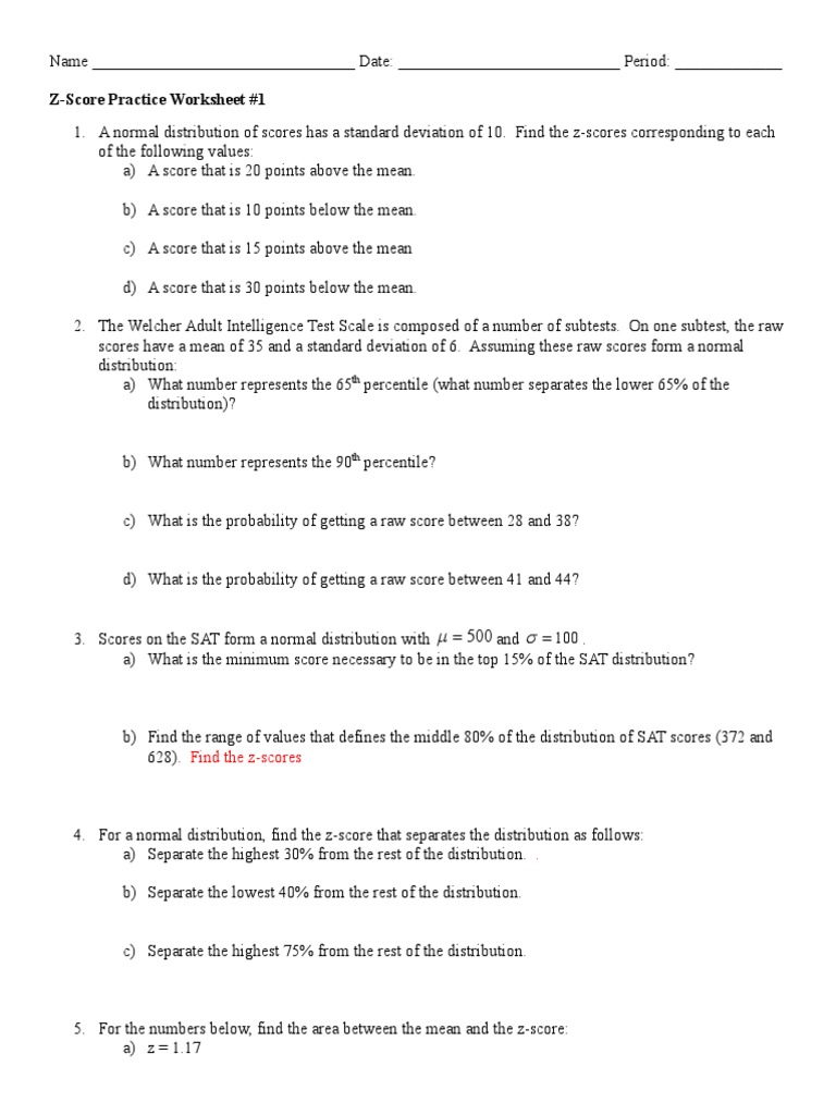 Z-Score Worksheet Solutions - 1 Without Answers | Download Free PDF ...