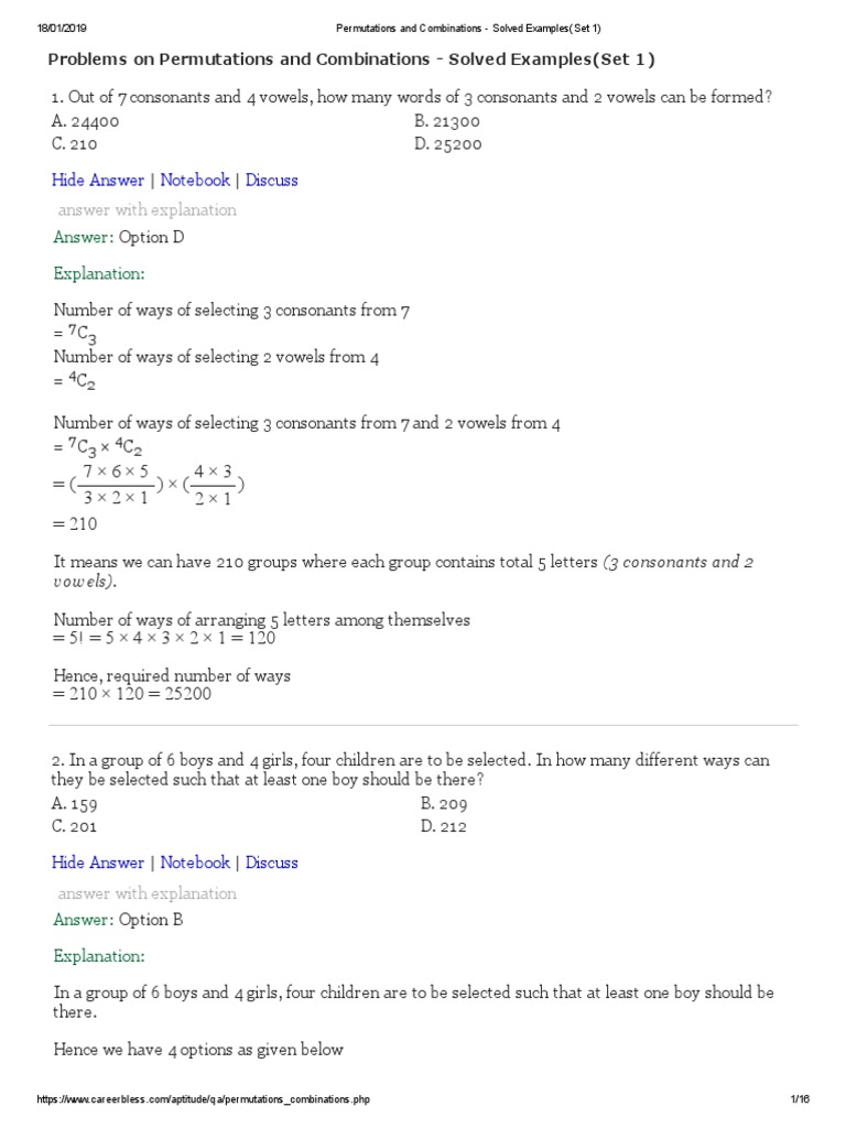 Permutations and Combinations - Solved Examples (Set 1) | PDF ...