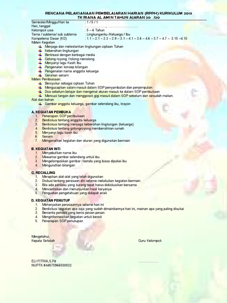 RPPH TK-B SMT1 Minggu - 05-07 Lingkunganku TK Riana Al Amin | PDF | Seni & Disiplin Bahasa ...