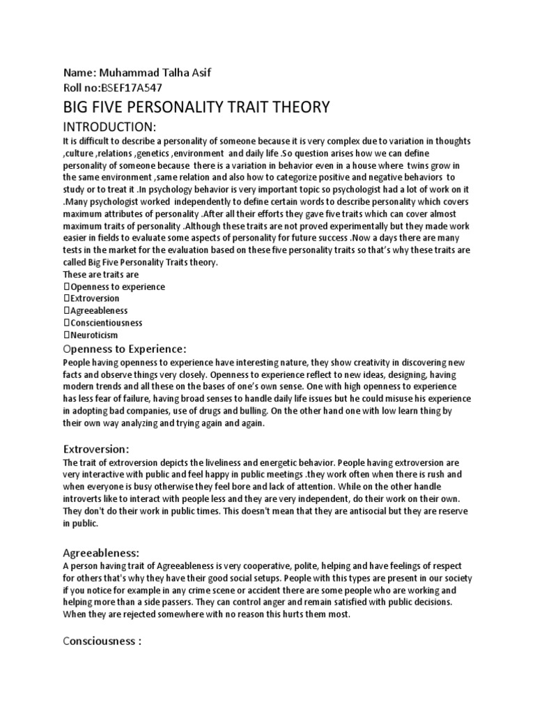 Big Five Personality Trait Theory | PDF | Extraversion And Introversion ...
