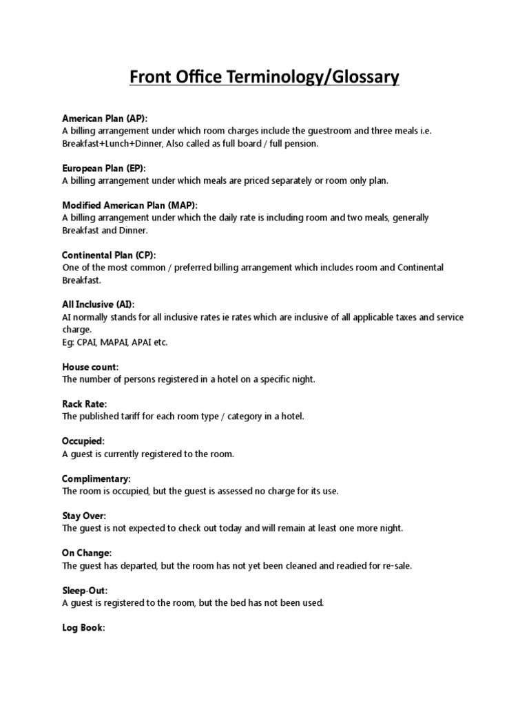 Front Office Terminology and Glossary | PDF | Point Of Sale | Travel Agency