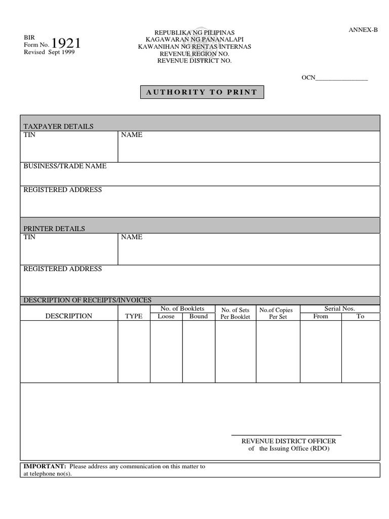 BIR Form 1921 - ATP - RMO 28 2002 PDF | PDF