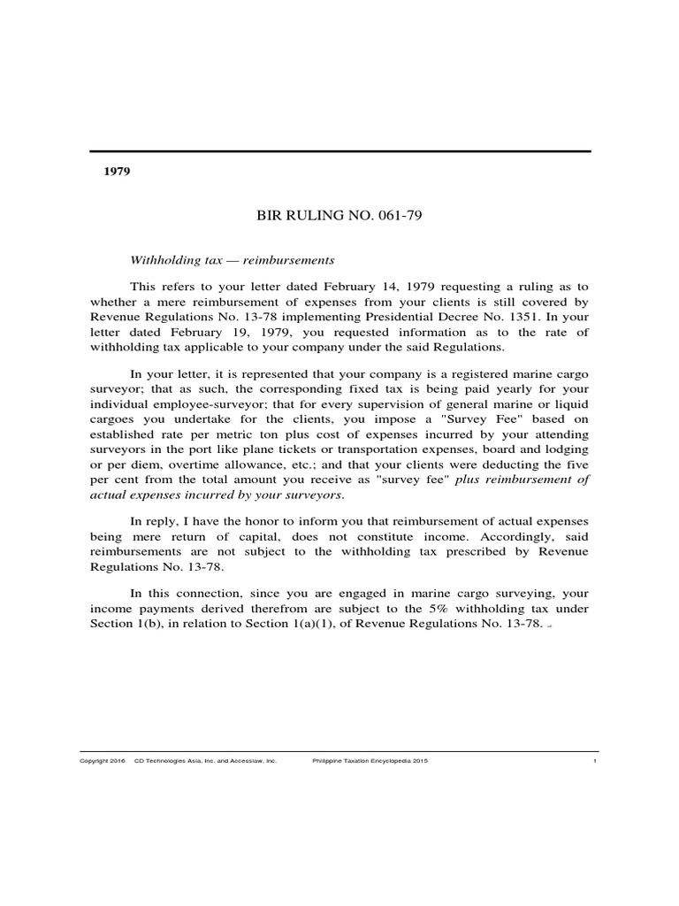 BIR Ruling No. 061-79 (EWT) | PDF | Law