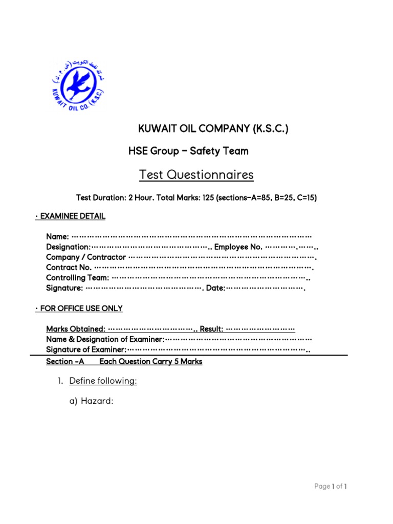 Kuwait Oil Company HSE Safety Exam | PDF