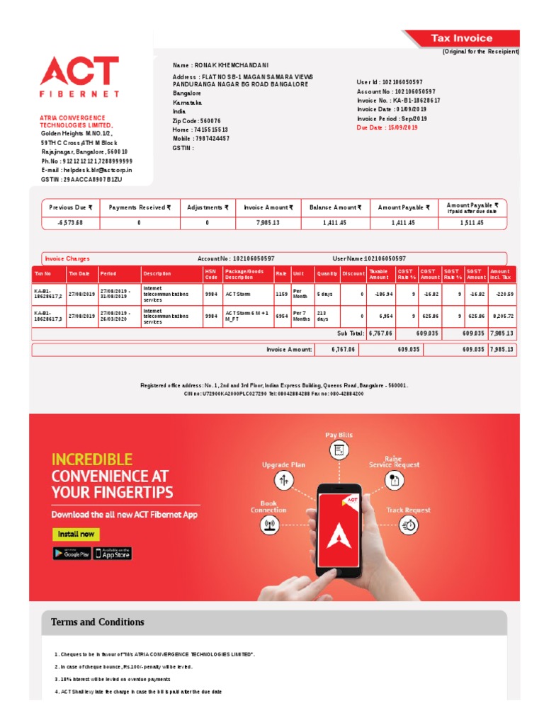 ACT Sample Bill | PDF | Invoice | Cheque