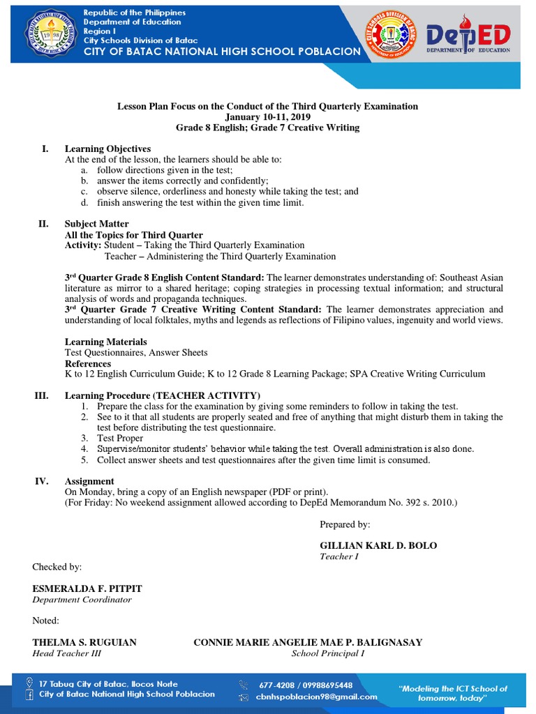 LP For Exam | PDF | Test (Assessment) | Curriculum