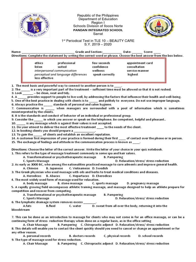 1st Periodical Test in Beauty Care 10 - Wellness Masssage | PDF ...