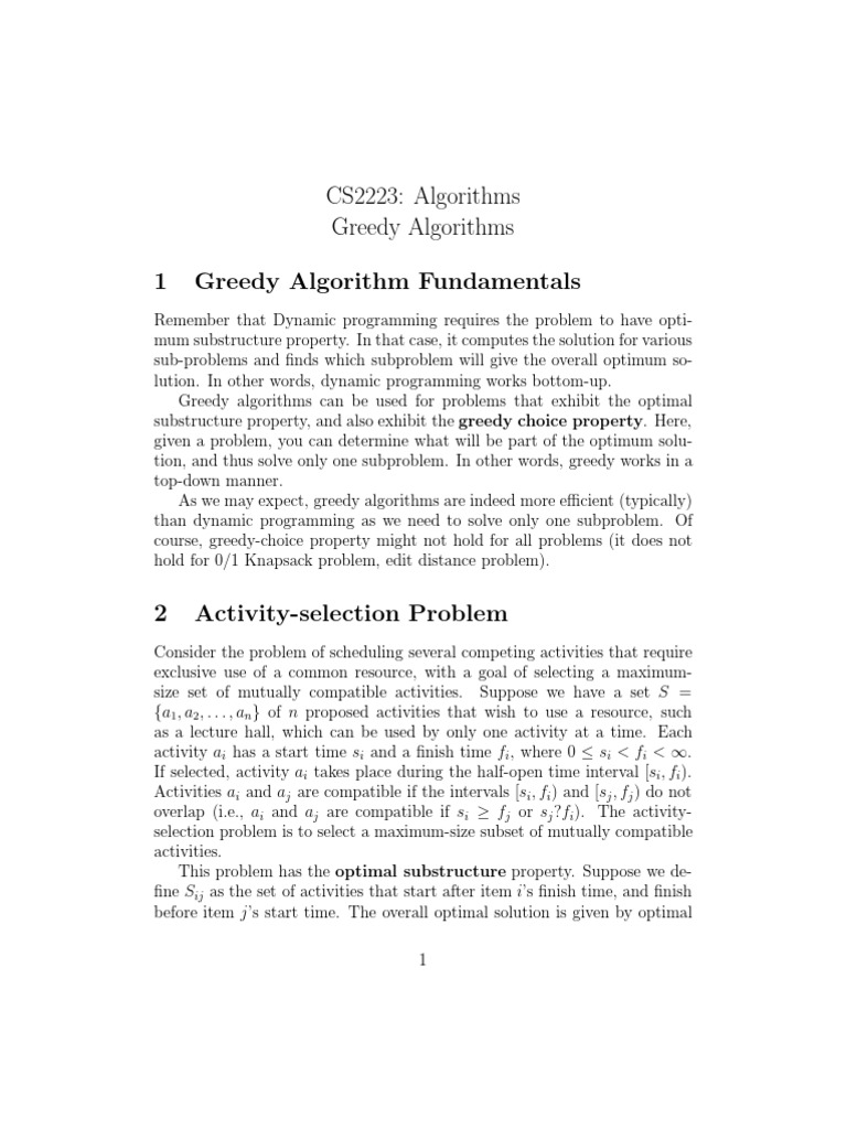 Cs2223 Algorithms Greedy Algorithms 1 Greedy Algorithm Fundamentals Pdf Dynamic Programming