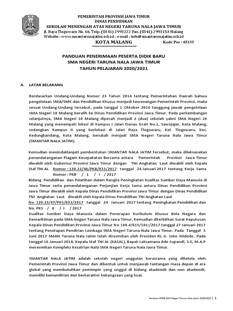 Panduan PPDB Sman Taruna Nala Jawa Timur 2020 - 2021 | PDF