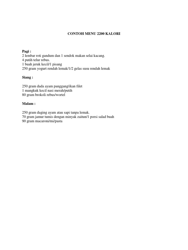 Contoh Menu 2000 Kalori | PDF