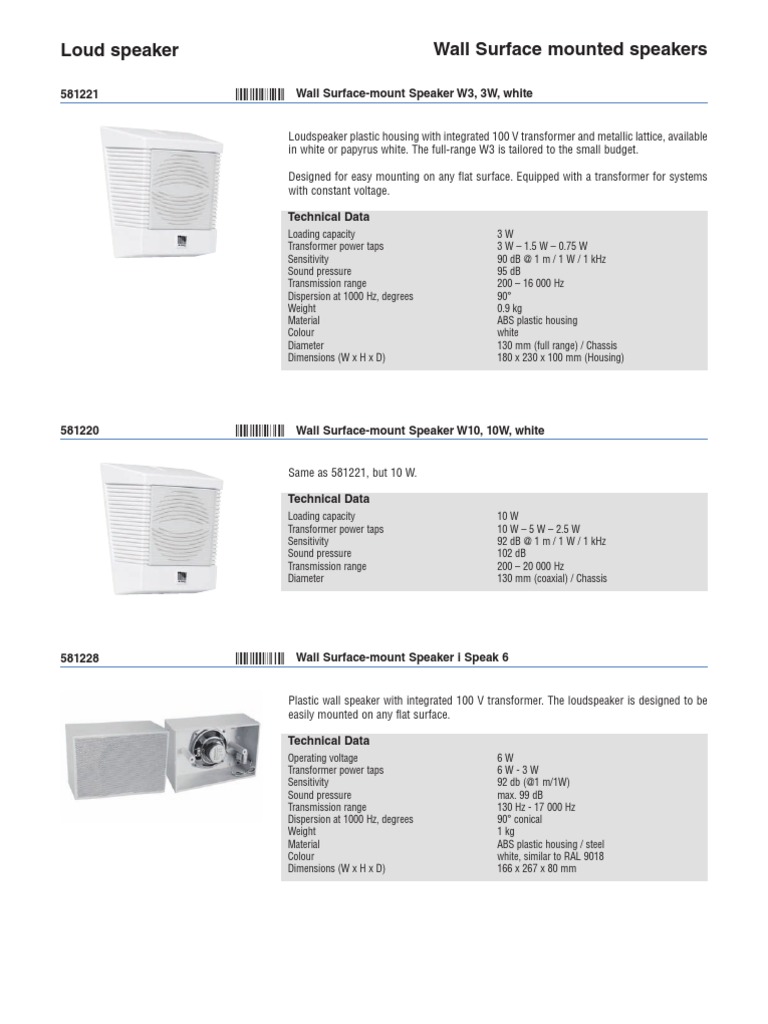 Wall and Ceiling Speaker Specifications | PDF | Loudspeaker | Transformer