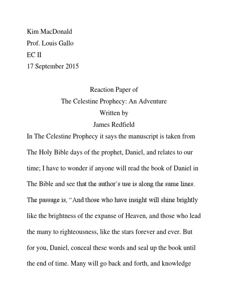 Celestine Prophecy Reaction Paper | PDF | Book Of Daniel | Prophecy