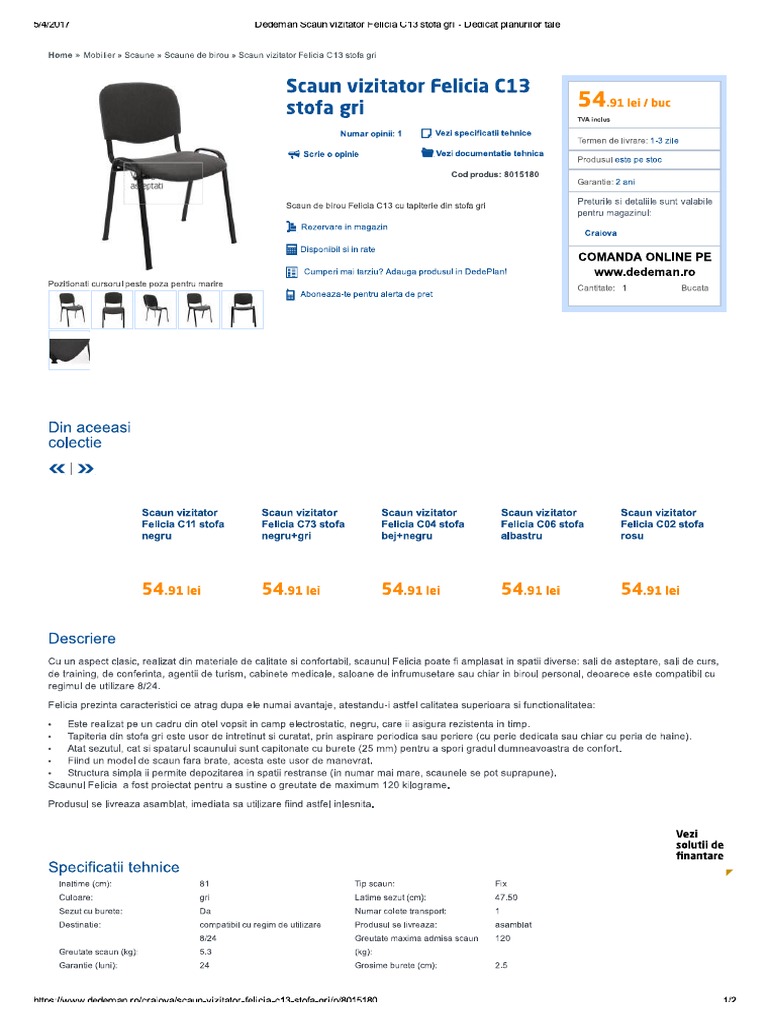 Dedeman Scaun Vizitator Felicia C13 Stofa Gri - Dedicat Planurilor Tale ...