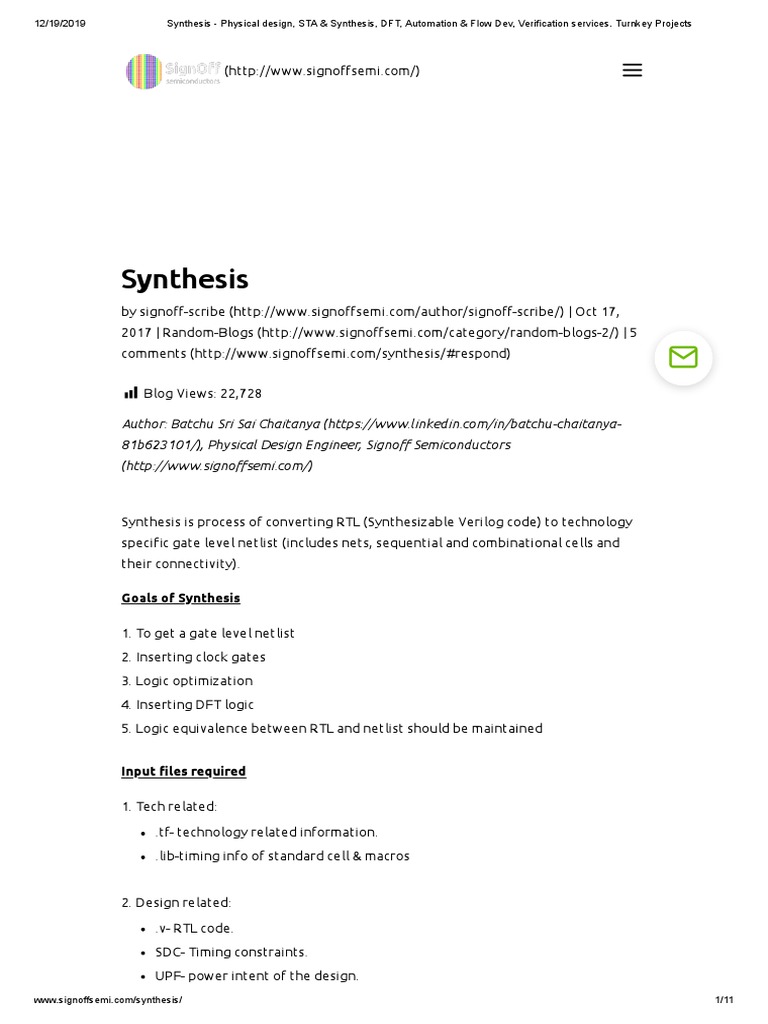 Synthesis - Physical Design, STA & Synthesis, DFT, Automation & Flow Dev, Verification Services ...