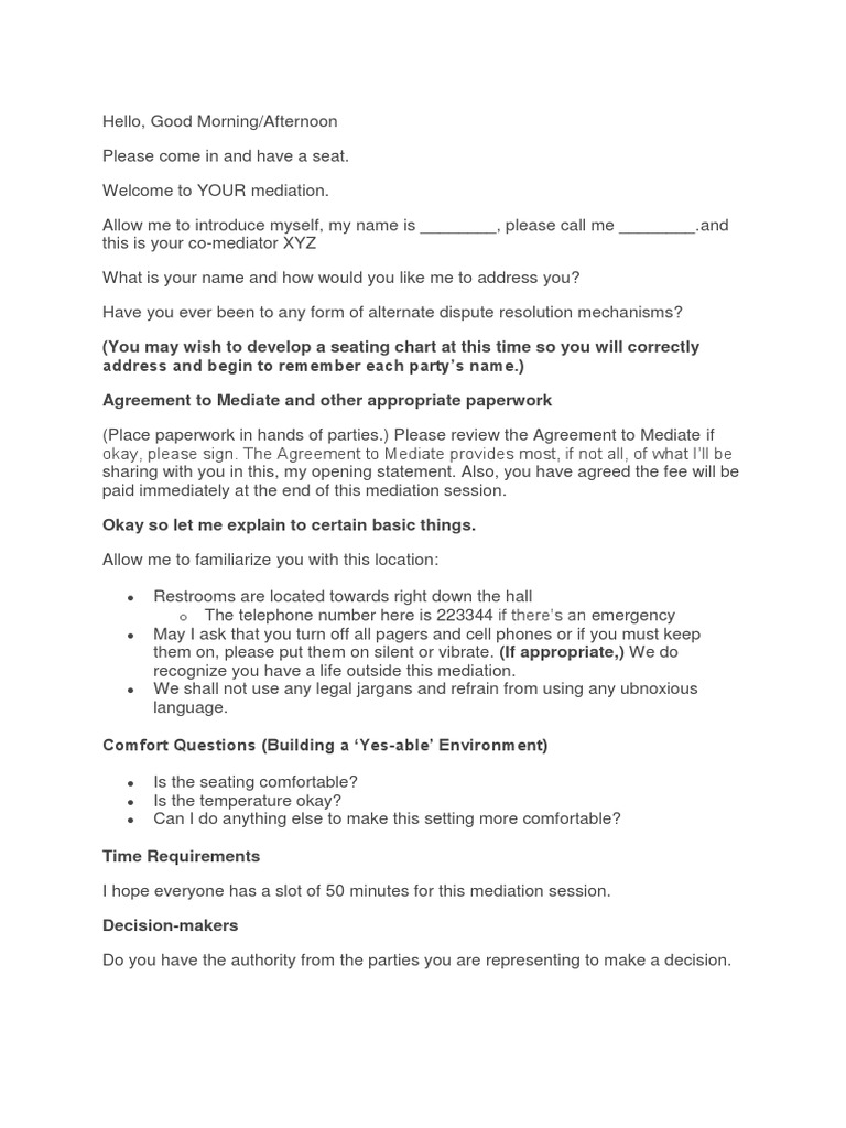 Opening Statements and Initial Process in a Mediation Case | PDF ...