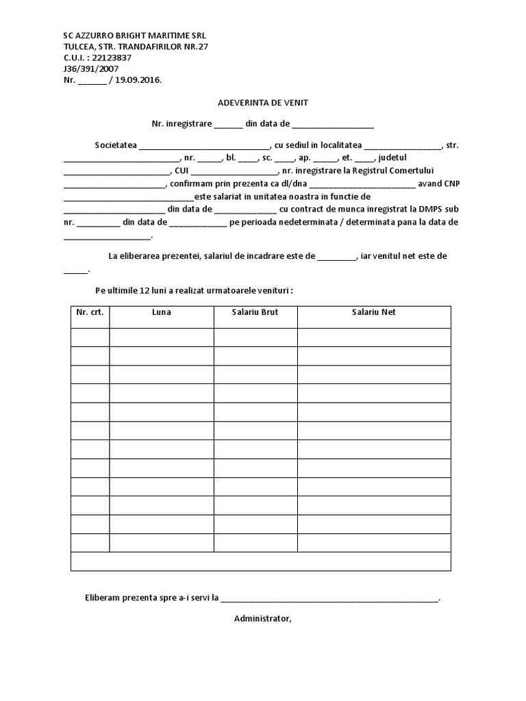 Adeverinta Venit - Model 12 Luni | PDF