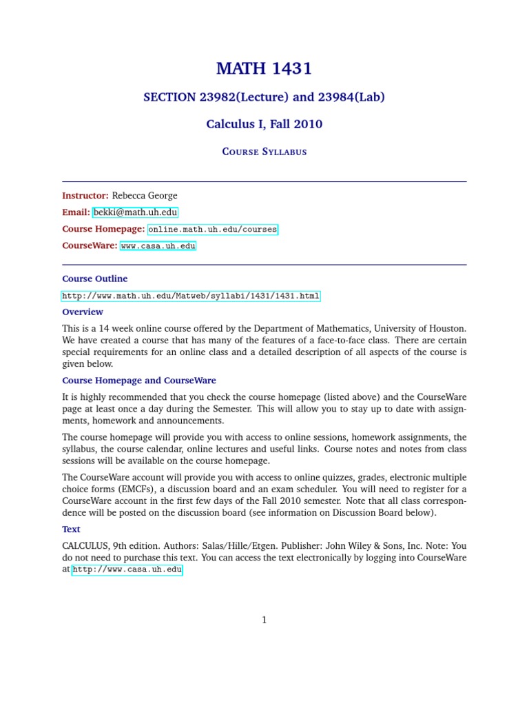 MATH 1431: SECTION 23982 (Lecture) and 23984 (Lab) Calculus I, Fall ...
