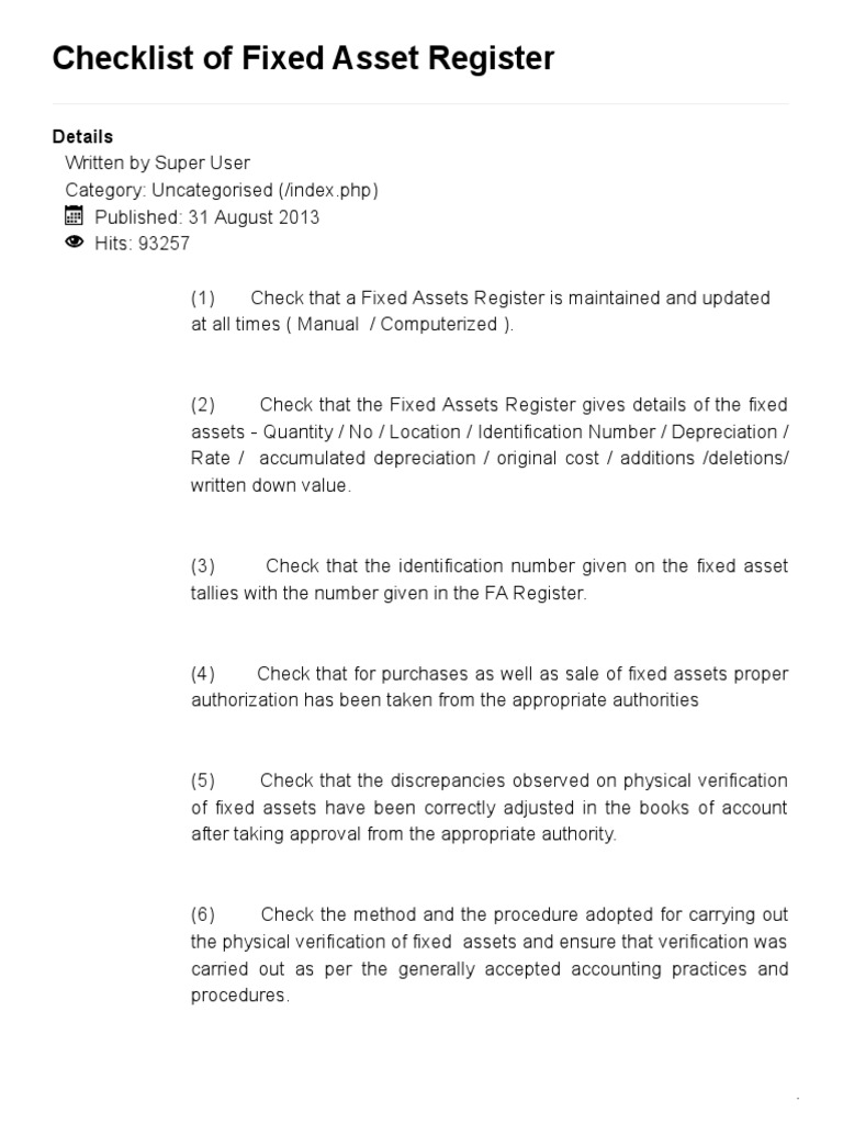 Checklist of Fixed Asset Register | PDF