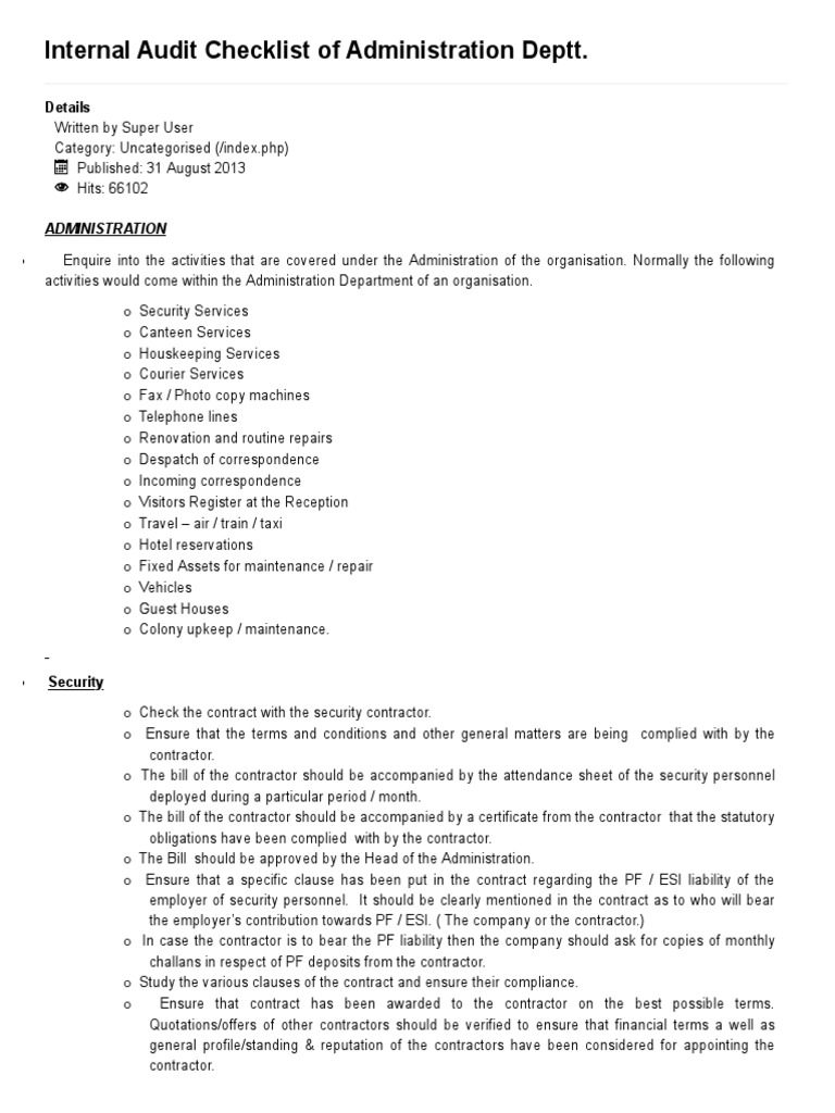 Internal Audit Checklist of Administration Department | PDF | Meal ...